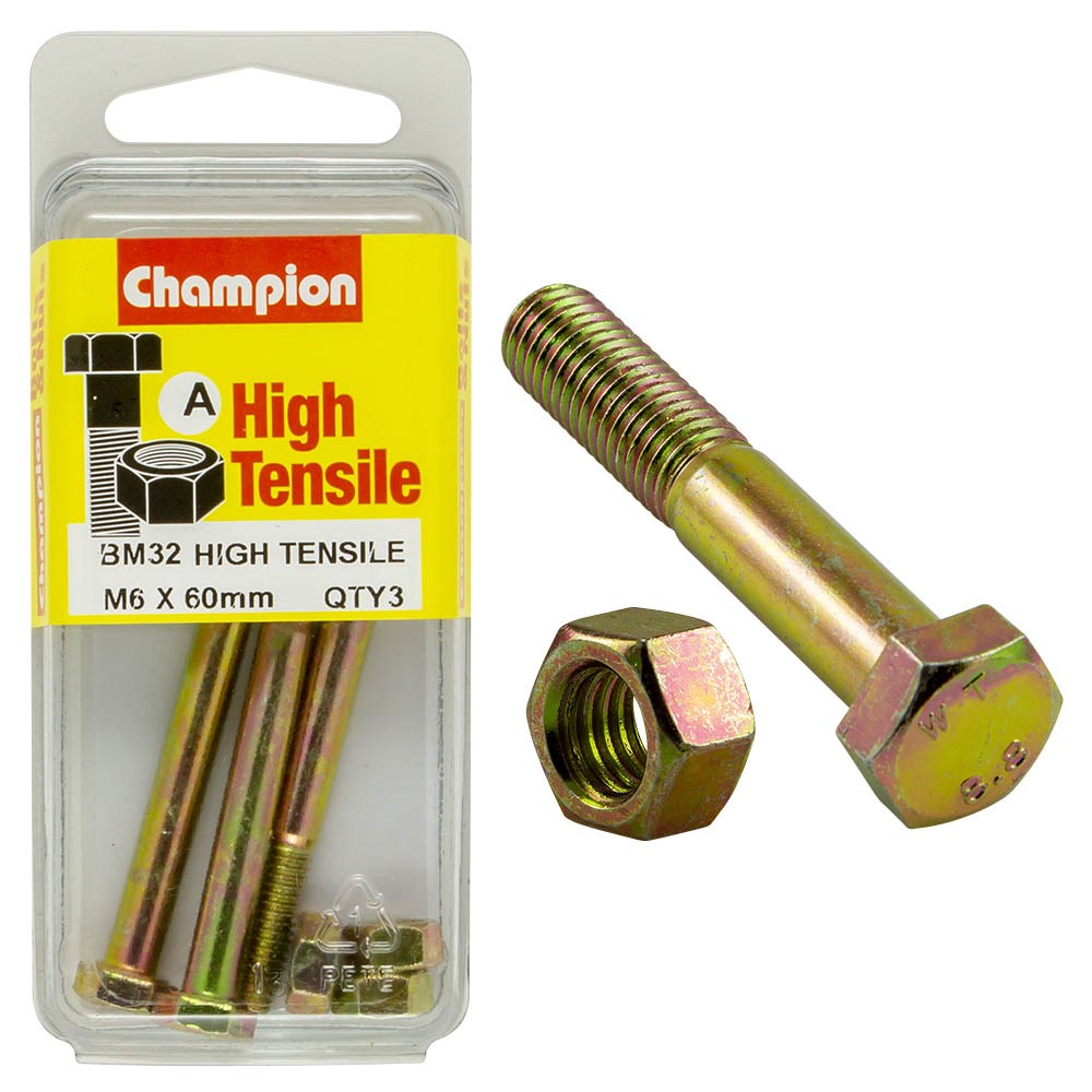 Champion Pack of 6 M6 x 60mm High Tensile Grade 8.8, Zinc Plated Hex Bolts and Nuts - BM32
