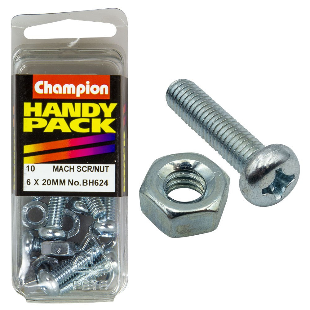 Champion Pack of 20 M6 x 20mm Philips Pan Head Machine Screws and Nuts ...
