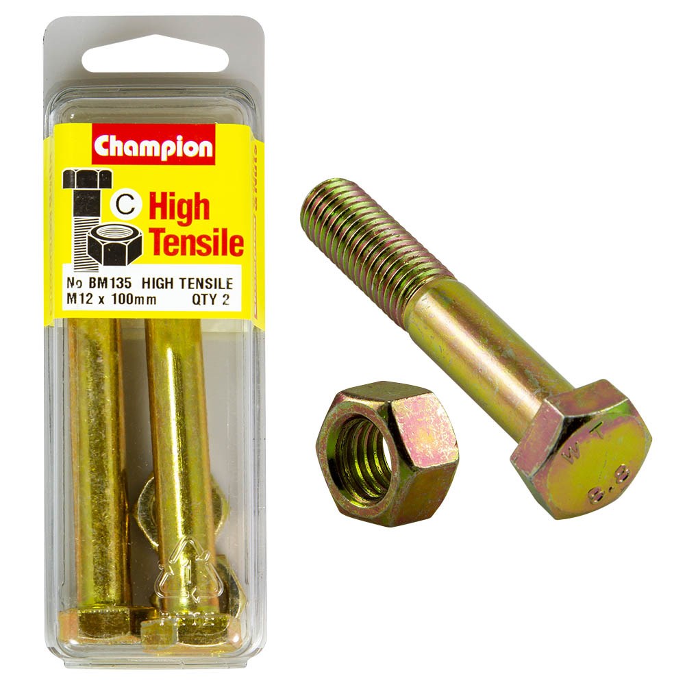 Champion Pack of 4 M12 x 100mm High Tensile Grade 8.8, Zinc Plated Hex ...