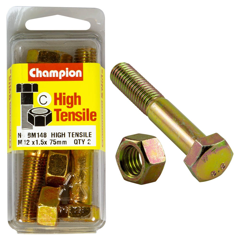 Champion Pack of 4 M12 x 75 x 1.5mm High Tensile Grade 8.8, Zinc Plated ...