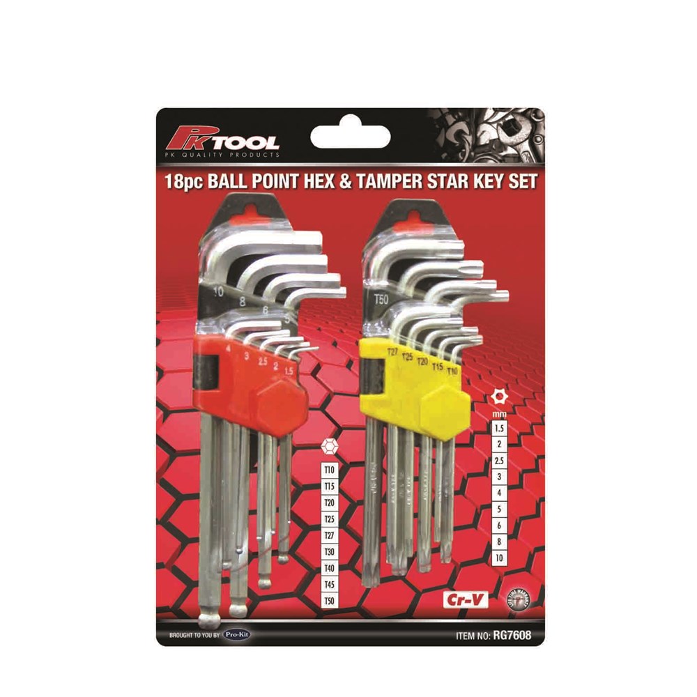 PKTool Metric Ball End Hex & Tamper Proof Star Key Set - 18 Piece - RG7608
