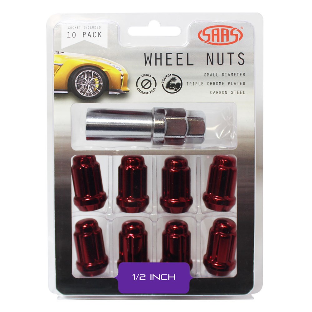 SAAS Set of 10 Small Diameter Wheel Nuts - Red, 1/2" Threads with 6 ...