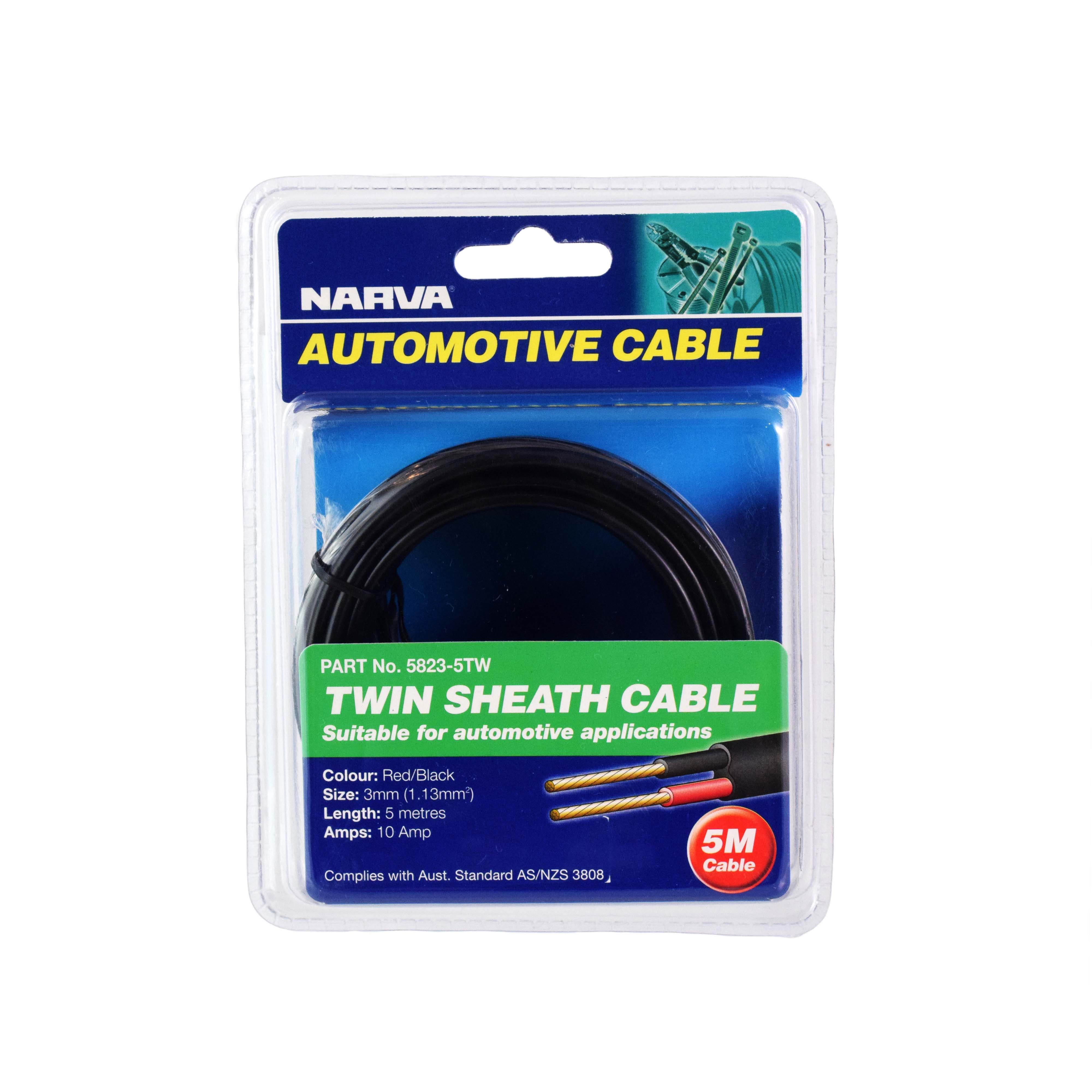 Narva 10A 3mm Twin Core Sheathed Cable (5M) Red/Black With Black Tracer ...